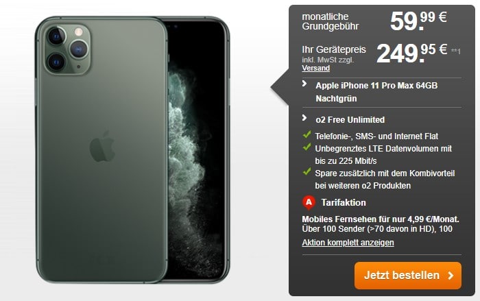 Apple iPhone 11 Pro Max + o2 Free unlimited für eff. 28,11 € mtl.