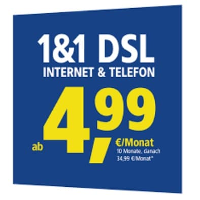 1&1 DSL Tarife ab 4,99 € im Monat (DSL-Flat mit bis zu 1000 Mbit/s)