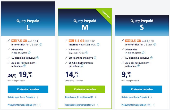 o2 my Prepaid Tarife Freikarte kostenlos mit 1 € Startguthaben (SIM only)