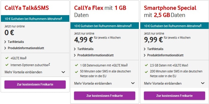 Vodafone CallYa Freikarte kostenlos und ohne Vertragslaufzeit