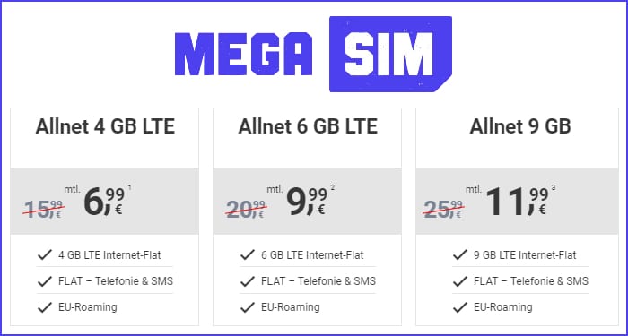 MegaSIM LTE Allnet-Flats ab 6,99 € mtl. (auch mtl. kündbar)