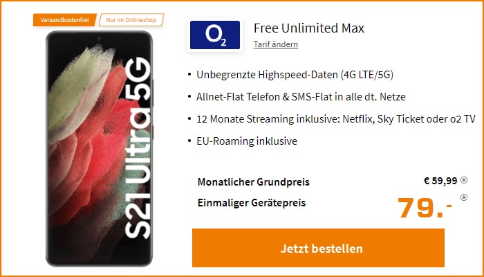 ⭐ Samsung Galaxy S21 Ultra 5G + o2 Free Unlimited eff. 9,57 € mtl.