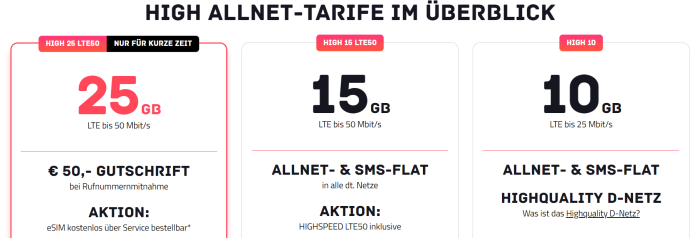 HIGH mobile Allnet-Flat mit 1 bis 25 GB LTE im Telekom-Netz
