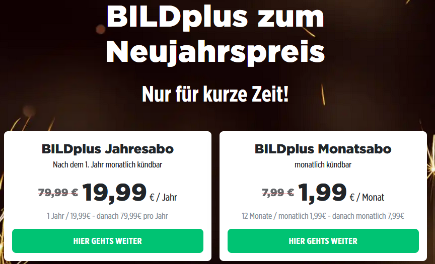 BILDplus Aktion: App Deal für 1,99 € / 19,99 € [Neukunden]