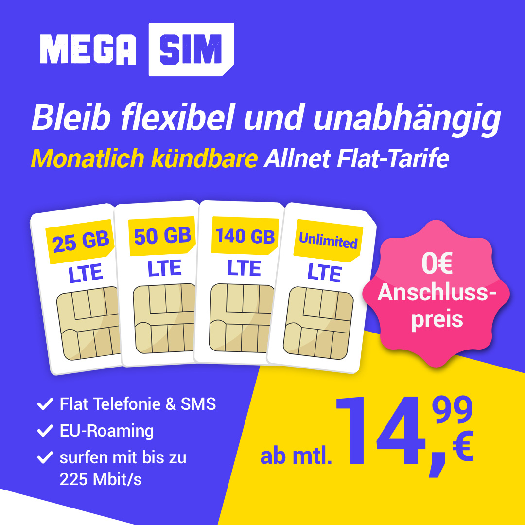MegaSIM LTE Allnet-Flats ab 14,99 € mtl.